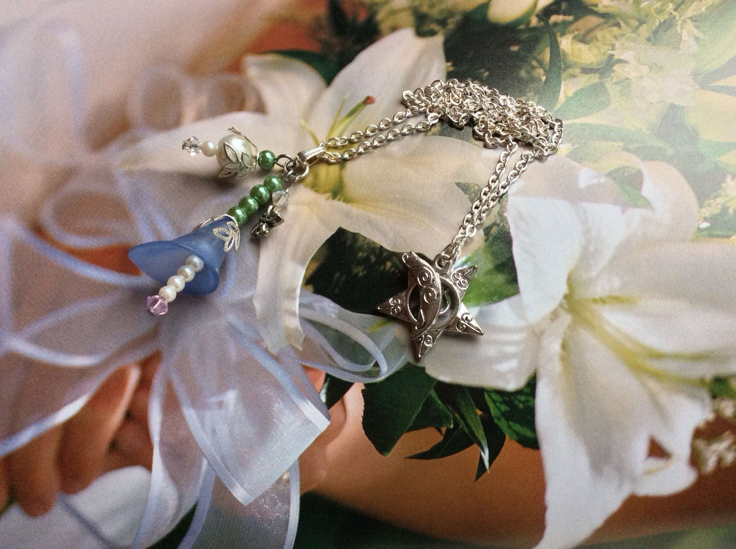 Blue Lucite Flower Necklace Swarovski Crystals And Pearls With