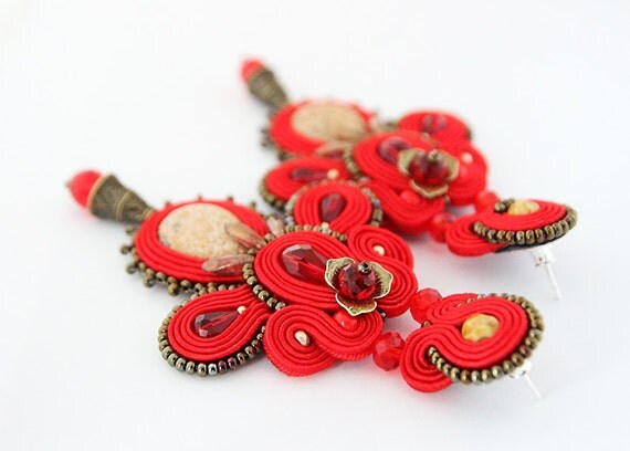 Red statement earrings red chandelier earrings soutache