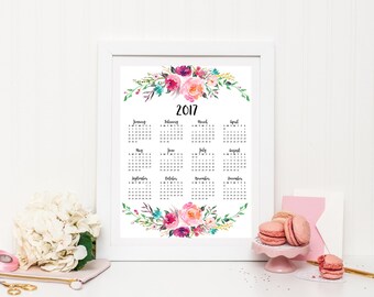 2017 Floral Calendar. 12 month calendar. Watercolor Wall