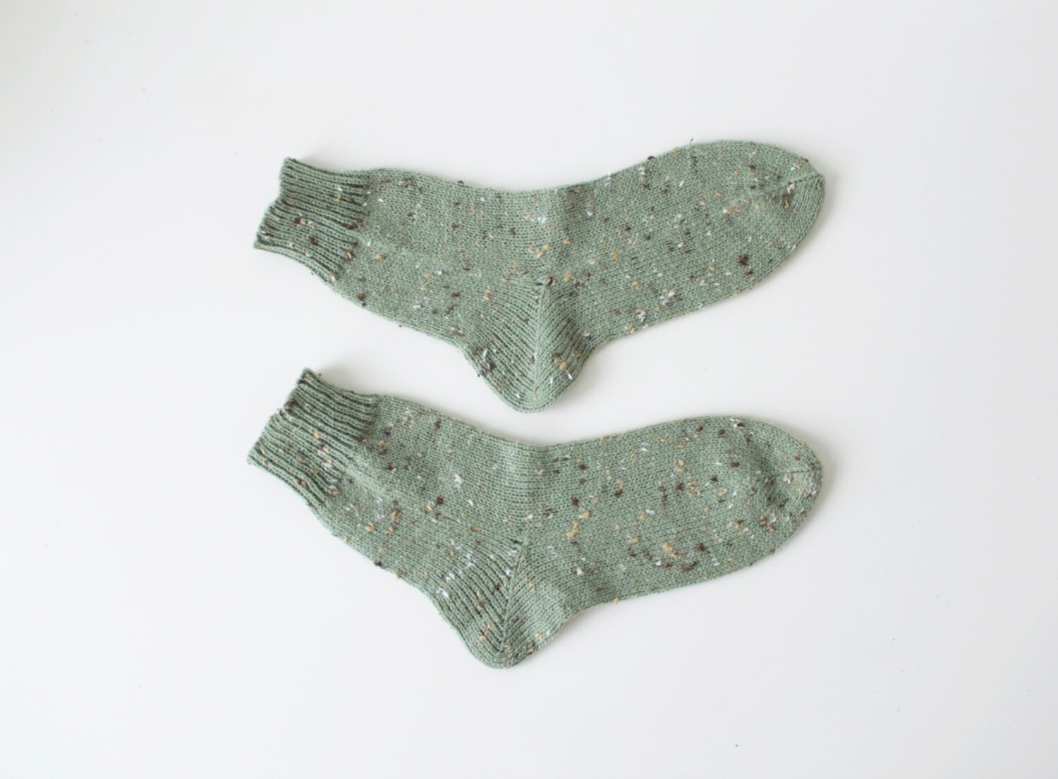 Handmade tweed pastel moss green home socks with brown white