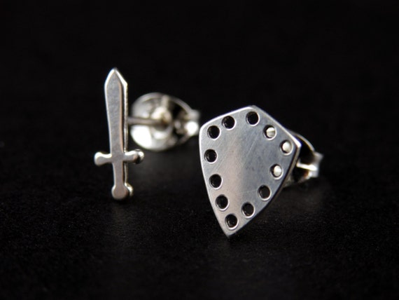 Sterling Silver Sword and Shield Earrings Knight's studs