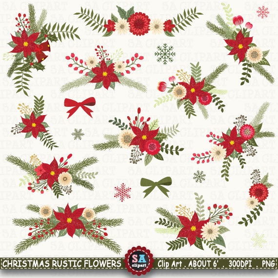 Items similar to Christmas Rustic Flowers ClipArt " CHRISTMAS FLOWERS ...