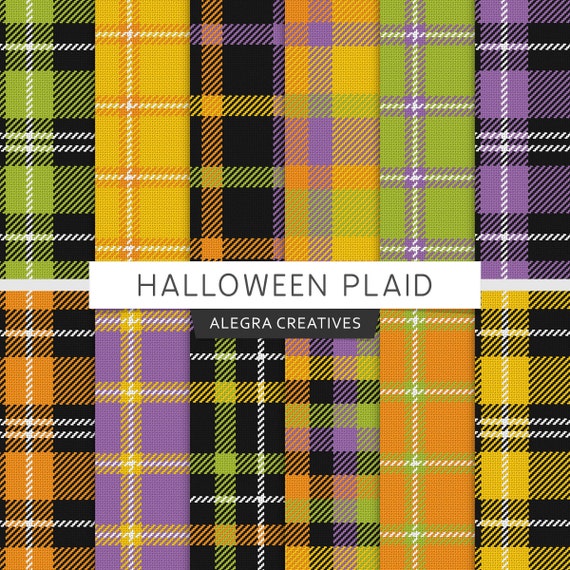 Halloween Plaid digital paper, plaid, tartan, purple, yellow, green ...