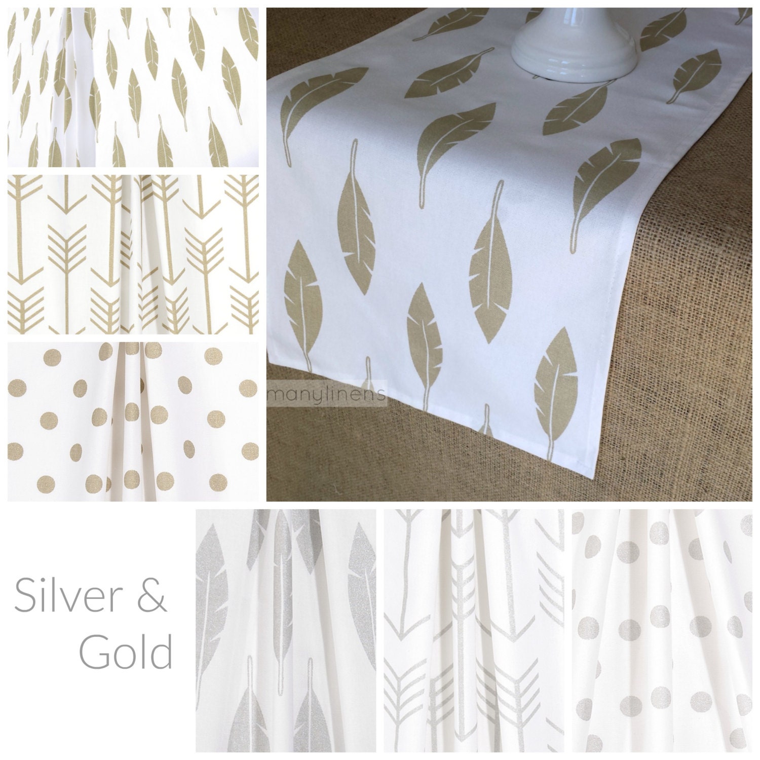 Silver and Gold Table Runner Centerpiece Feather by SewManyLinens