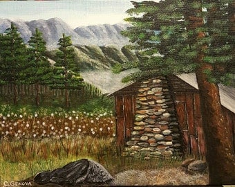 Log cabin painting | Etsy