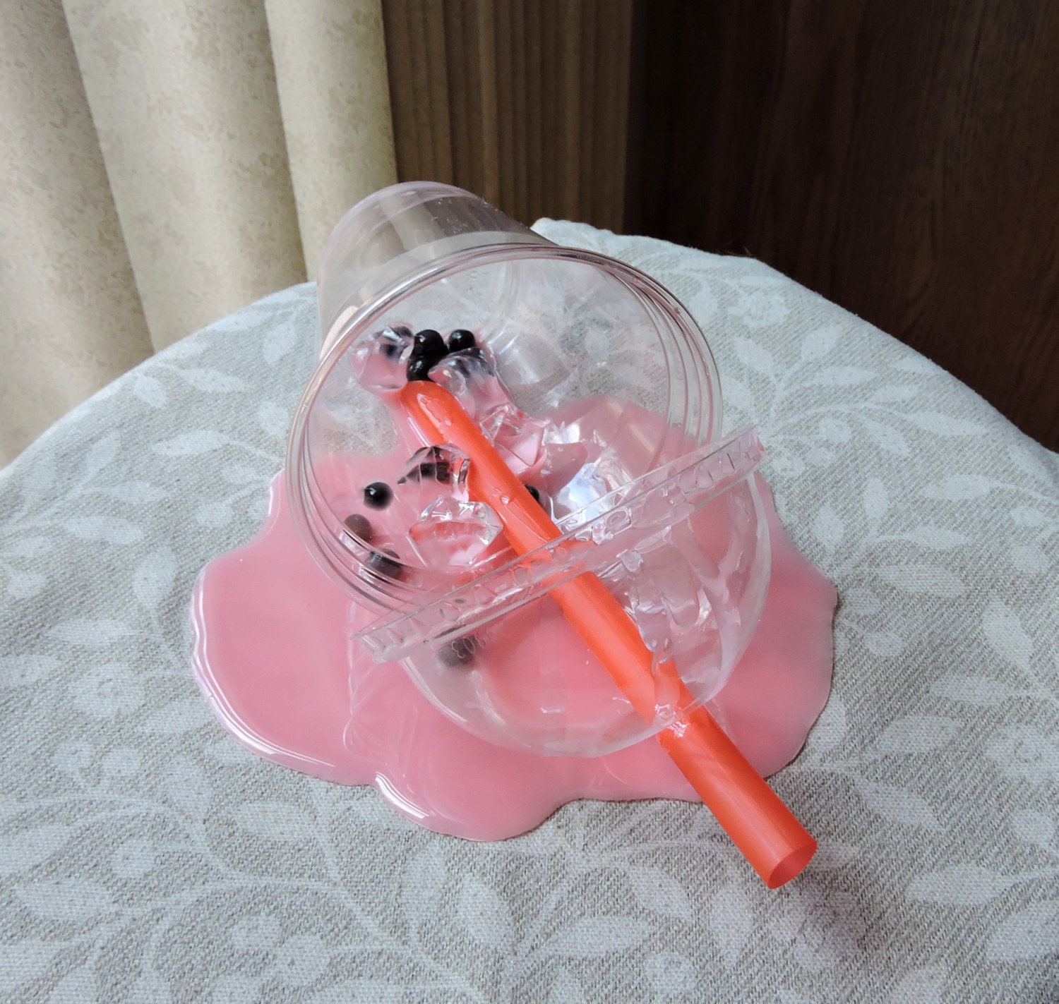 Fake Drink Spilled Pink Boba Bubble Tea Gag Photo Prop Home