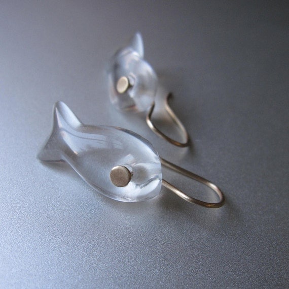 Rock Crystal Fish Solid 14k Gold Earrings