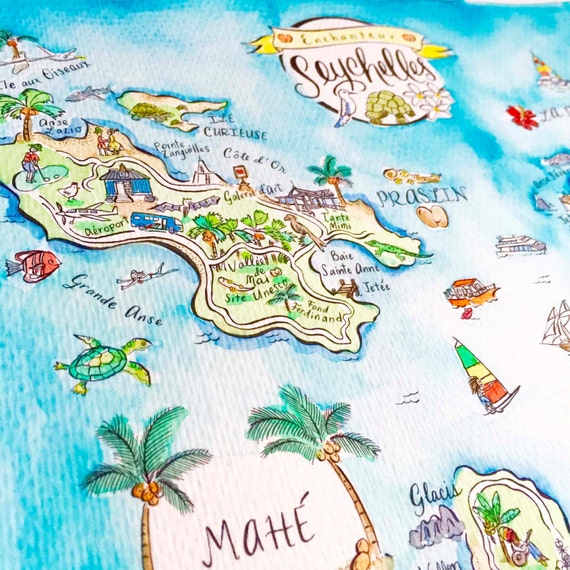Illustrated Hand Painted Watercolor Map of Seychelles