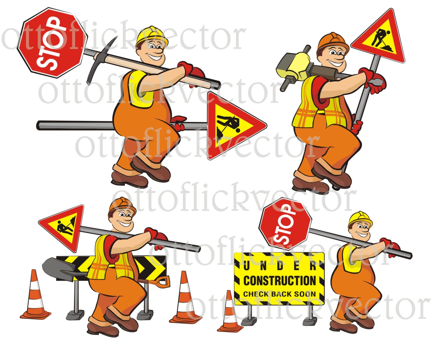 ROAD WORKS Vector CLIPART road worker road signs men at