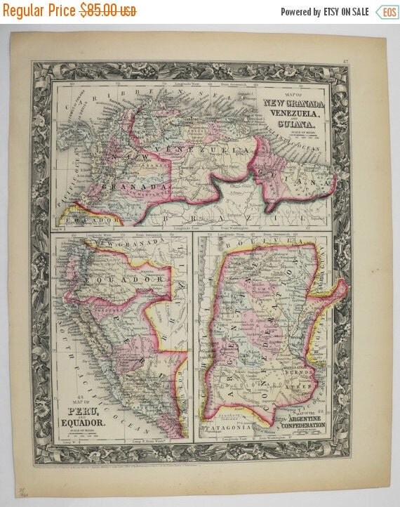 1860 South America Map Venezuela Argentina Map by OldMapsandPrints