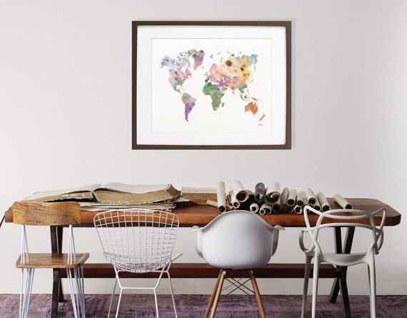 Colorful World Map Art Watercolor Painting 16x20 Canvas Art