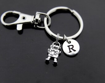 2pcs 30x30mm white gold Key Ring with 3d robot charm Flat