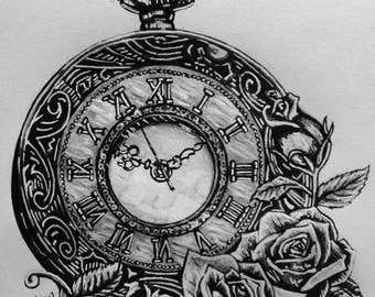 Pocket watch drawing | Etsy