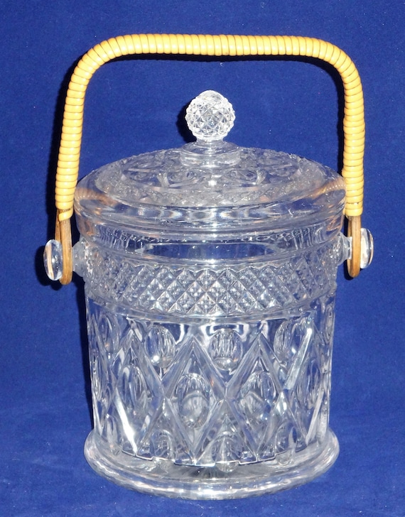 Glass Ice Bucket With Lid And Rattan Handle Pressed Glass