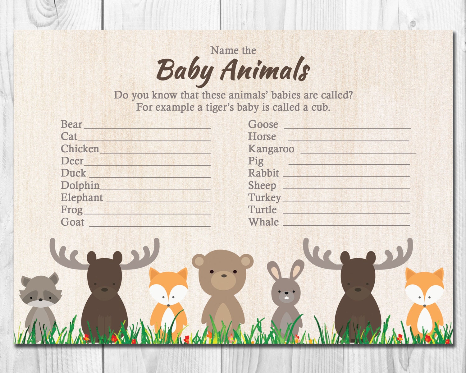 Baby Animals Name Game Baby Shower Printable Woodland Baby