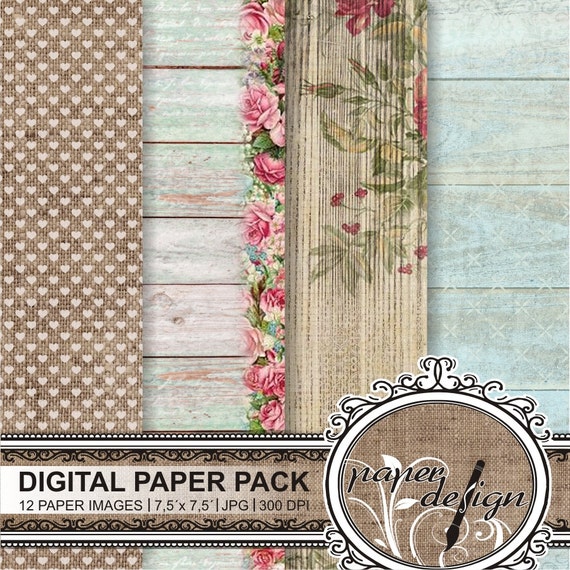 Digital Paper Pack ROSES AND WOOD vintage floral