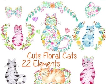 Watercolor Cats Clipart Kitten Clip Art Mommy and Baby Cat