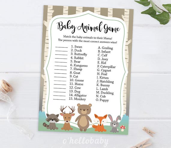 Baby Animal Names Baby Shower Game Woodland Animals Gender