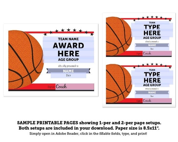 Editable Basketball Award Certificates INSTANT DOWNLOAD