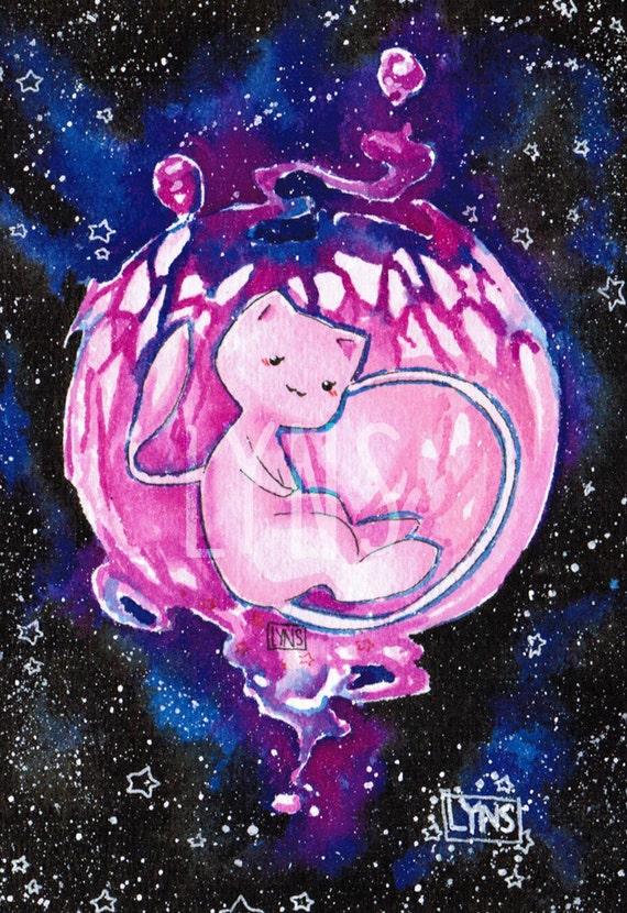 Mystic Galaxy Mew Pokemon Watercolor Art Print
