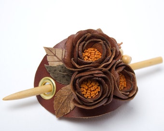 Leather hair stick barrette hair slide hair pin with Flowers
