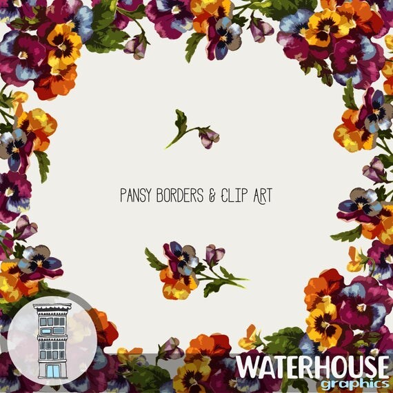 Bright Painted Pansy Clip Art Border Frame Digital Download