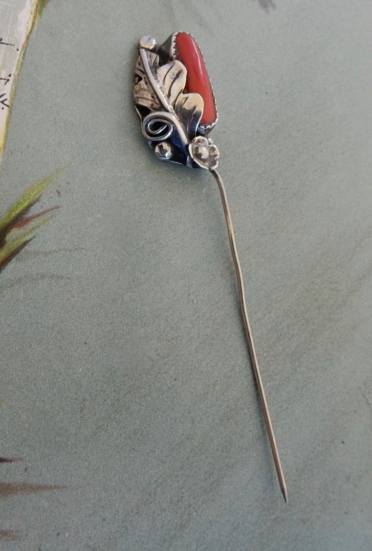 Sterling Silver & Coral Navajo Stick Pin Stickpin Hat Pin