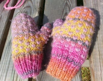 MADE TO ORDER Thrummed Mittens Hand Knit Grey and White Wool