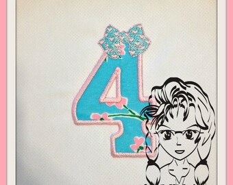 NUMBER Set 0-9 Girly PLAIN Birthday Applique 4x4 by astitchforyou