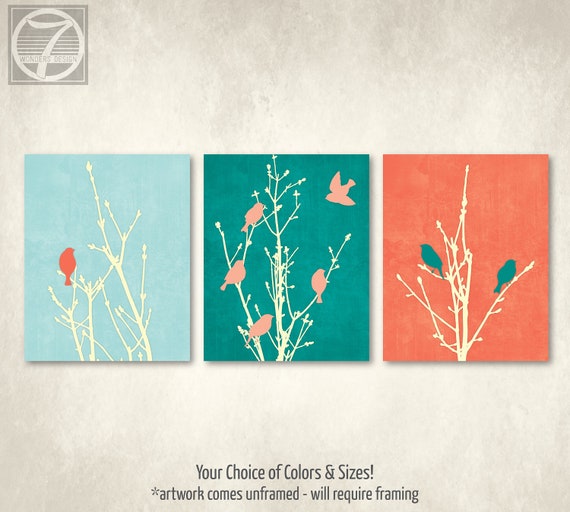Birds on Tree Branches Art Prints Modern Home Decor Set of 3