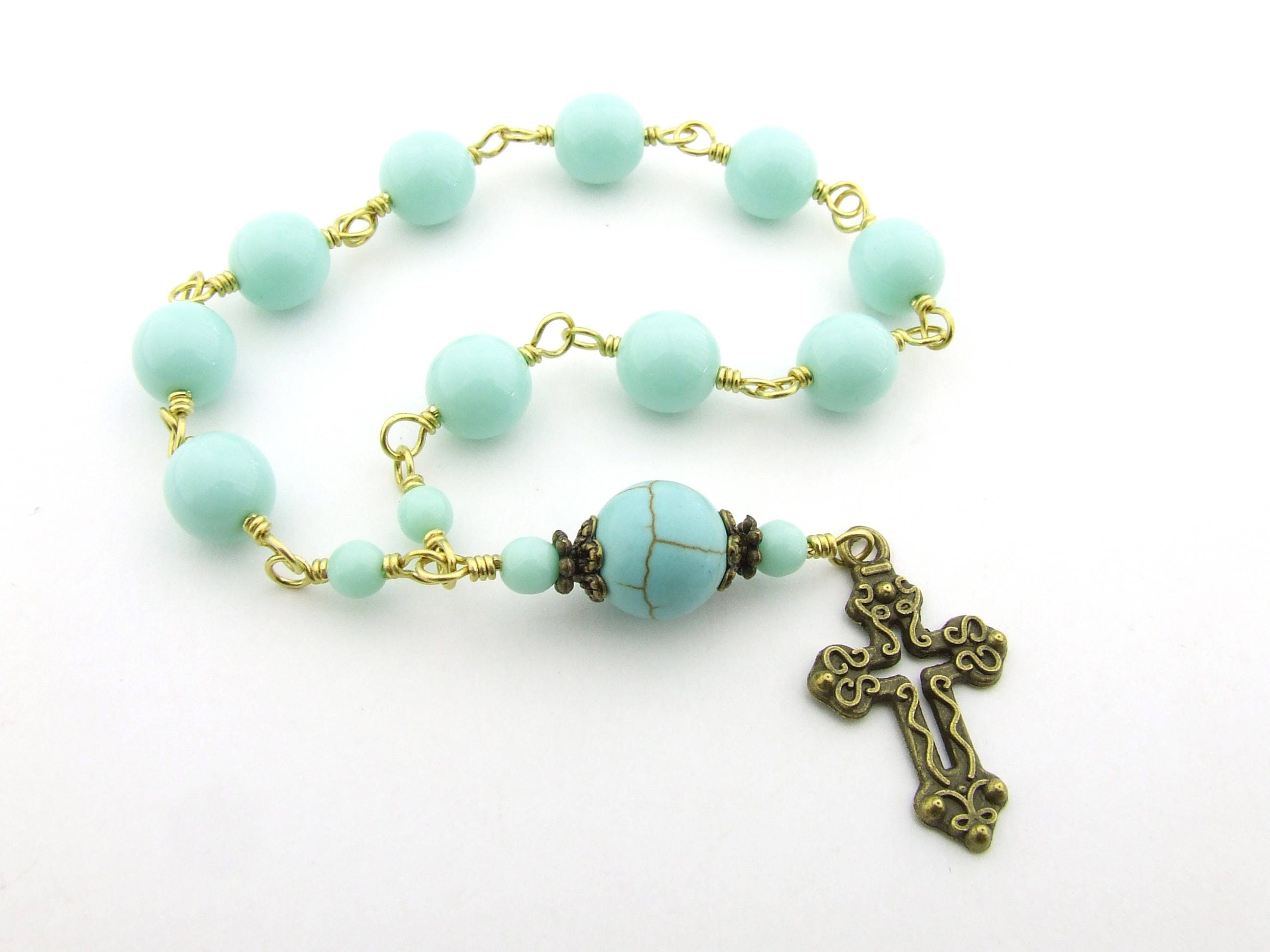 Mini Rosary Beads One Decade Handmade Wire Wrapped Mint