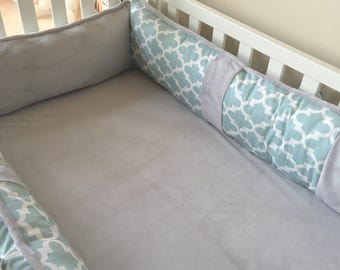 Items similar to Crib Bumpers, Aqua Blue Chevron, Orange, and Green ...