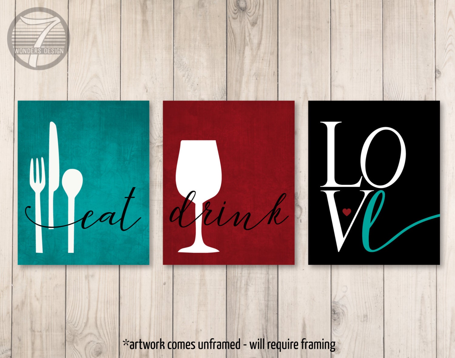 Kitchen Wall Art Print Set Eat Drink Love Utensils Wine