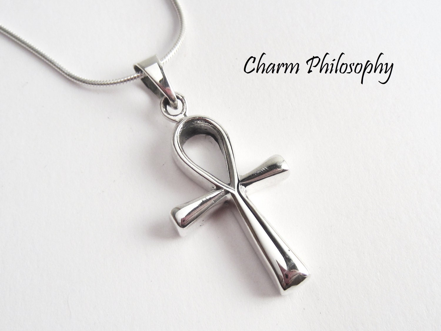 Sterling Silver Ankh Necklace Egyptian Hieroglyph Jewelry