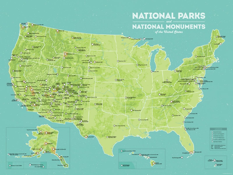 US National Parks & Monuments Map 18x24 Poster by BestMapsEver