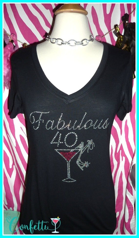 Rhinestone Fabulous 40 Tshirt With Pink Martini And High Heel 40th