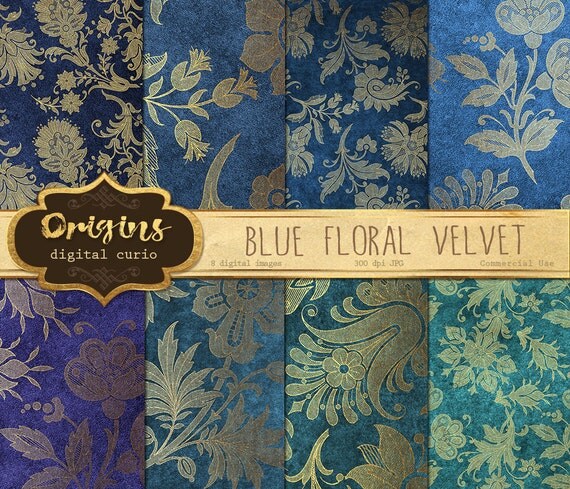 Blue Floral Velvet Digital Paper Sapphire Scrapbook Paper