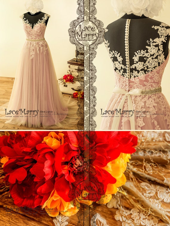 Lilac Underlay Boho Wedding Dress with Illusion by LaceMarry