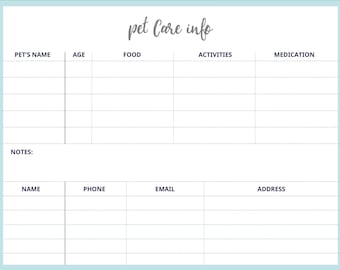 Printable Pet Report Card Daily Care Sheet Petsitter or