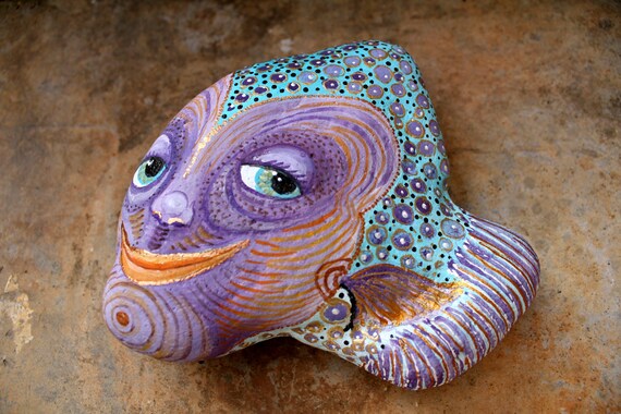 Inspirational hand painted rock fish. Painted stone. Unique