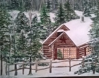 Log cabin painting | Etsy