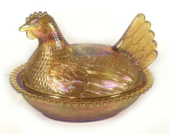 Carnival glass hen | Etsy