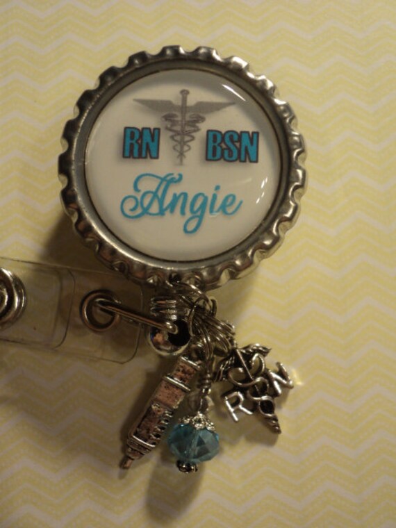 Personalized Nurse caduceus badge reel with charms