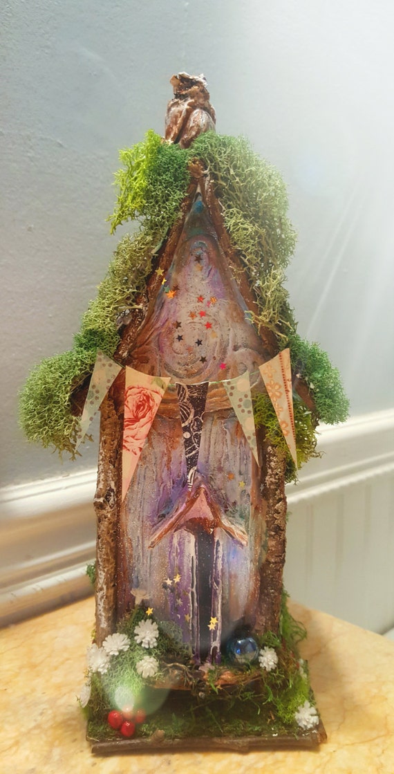 Home sweet home handmade fairy house with handcrafted owl