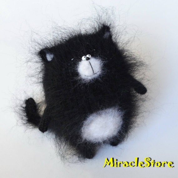 Black Knitted Cat stuffed cat softie cat hand knit animal