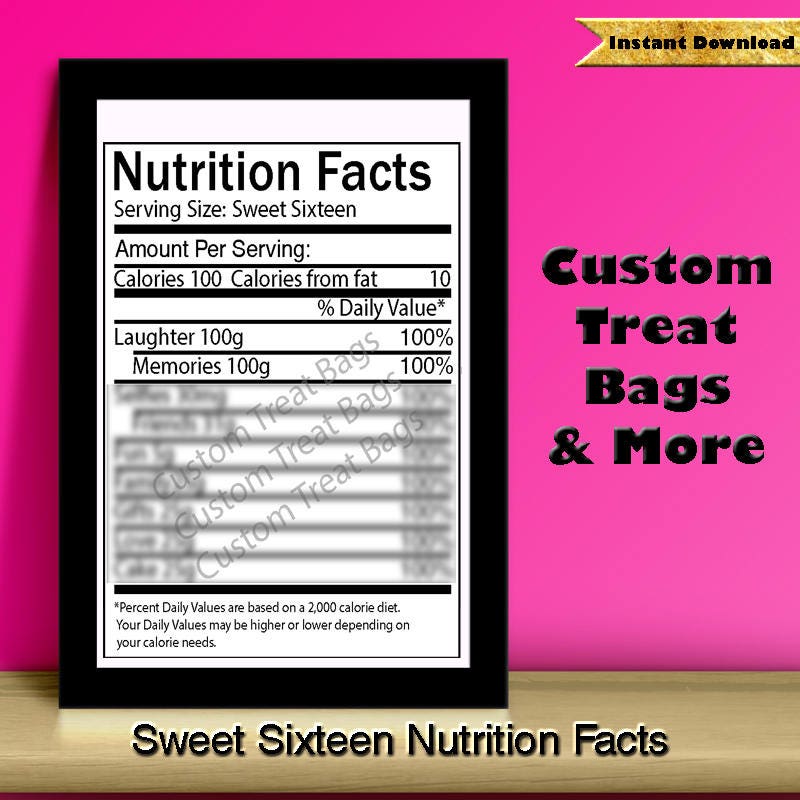 Sweet Sixteen Nutrition Facts Label: For Custom Chip /Treat