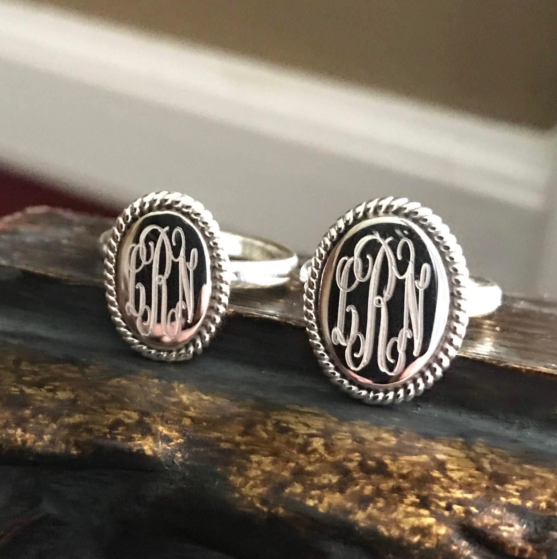 Sterling Silver Monogrammed Ring Oval with Rope Edge