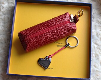 Red leather keychain | Etsy