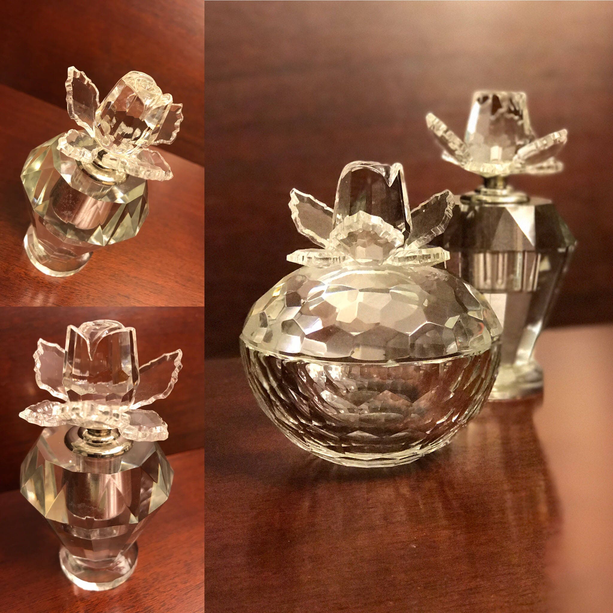 Crystal Rose Vanity set, Crystal perfume bottle and jewelry box ...