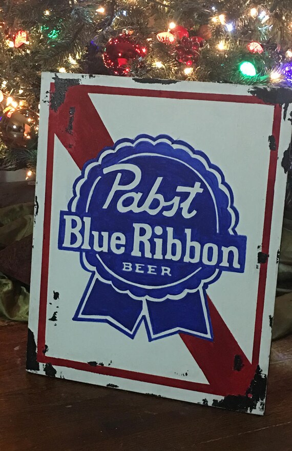 Classic PBR Pabst Blue Ribbon hand painted on reclaimed wood